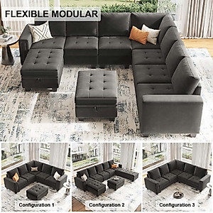 Belffin Oversized Velvet Modular 8-Seat Sectional Sofa Set with Storage Ottoman U Shaped Couch Set Modular Sectional Convertible Sofa Couch with Reversible Chaise Corner Sofa Couch Set Grey
