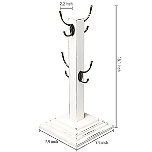 MyGift Vintage White Wood Tabletop Coffee Mug Holder Hanging Tree Rack with 4 Antique Brass Tone Double Hooks