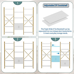 Yusong Bookshelf Triple Wide 5 Tier Bookcases with Storage Cabinet, Industrial Large Modern Tall Bookshelves with 12 Open Display Shelves for Living Room Office Bedroom, White Oak and Gold