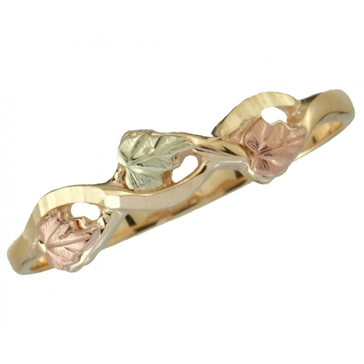 Diamond-Cut Grape Leaf Cut-Out Band, 10k Yellow Gold, 10k Yellow Gold, 12k Green and Rose Gold Black Hills Gold Motif, Size 11