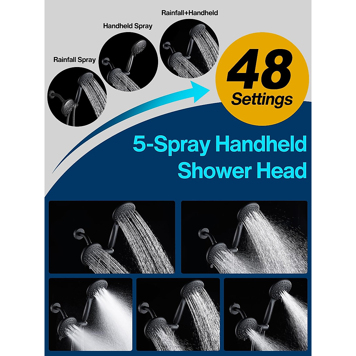 Cobbe Shower Head with handheld, High Pressure Shower Faucet Set with Hose Adjustable Bracket Rubber Washers, Dual 2 In 1 Shower System matte black(Valve Include)