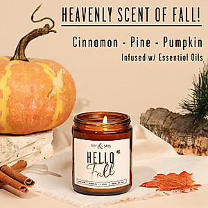 Fall Candles - 'Hello Fall Candle'' Autumn Scented Soy Candles for Home, Fall Scented Candles for Home, Fall Home Décor, 9oz Reusable Jar, 50Hr Burn, Made in USA