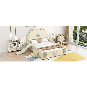 Harper & Bright Designs Full Size upholstered Platform Bed Frame for Boys Girls Kids Adults Toddler with Piglet Shape headboard and Children's Slide, Beige