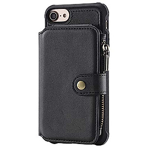 Phone Cover for iPhone 8 2019 Leather,Black 4.7inch Holder 8 Card Slot (ID Card,Credit Card) Magnetic Buckle Coin Pocket with Zipper Photo Frame Cash Slot Waterproof Gift Girls Boys Unisex