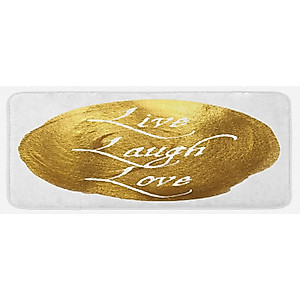 Ambesonne Live Laugh Love Kitchen Mat, Inspirational Words Life Message on a Big Color Spot Modern Design, Plush Decorative Kitchen Mat with Non Slip Backing, 47" X 19", White Gold