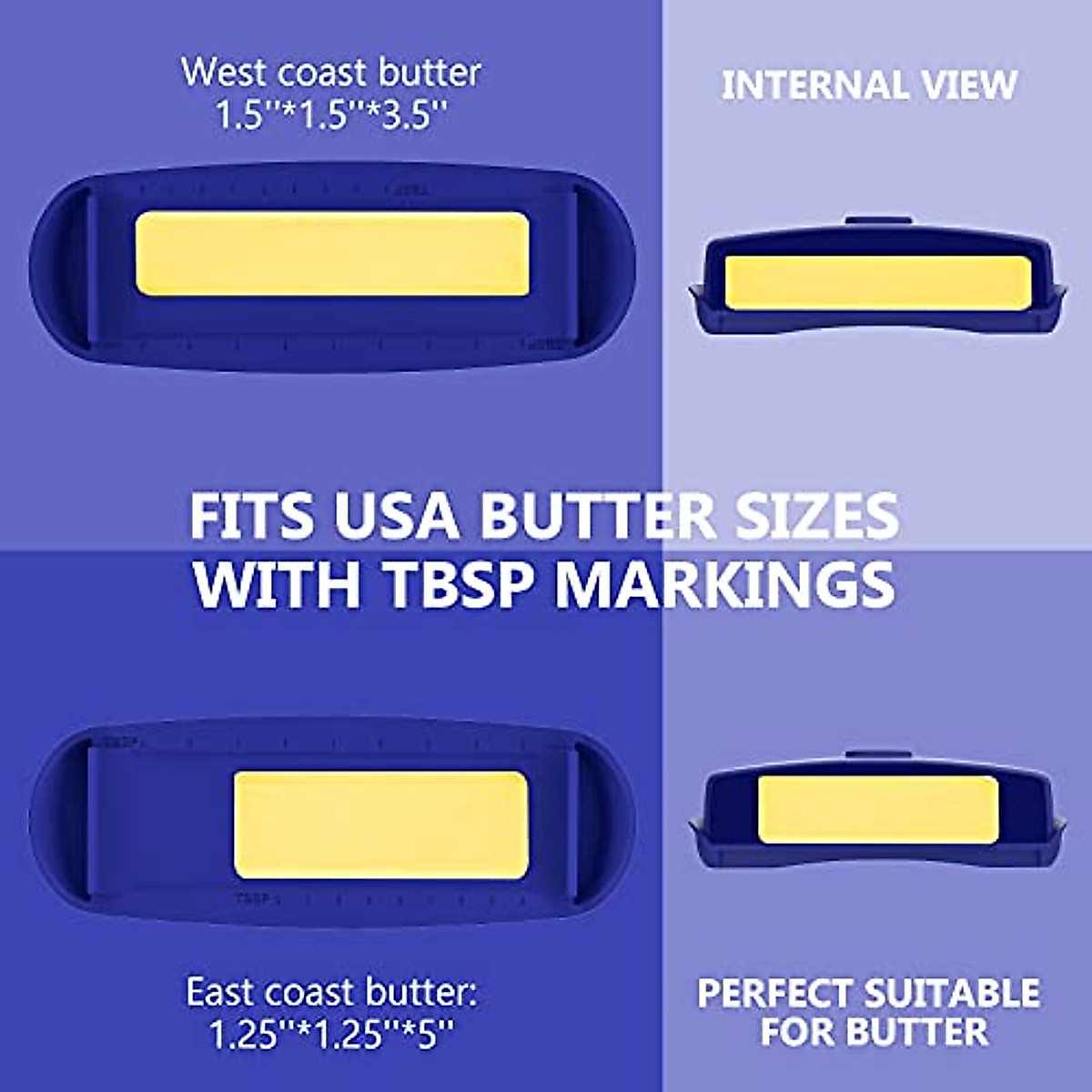 Butter Dish with Magnetic Lid, Light Butter keeper for Counter with Spreader Knife & TBSP markings, Easy Scoop, Food Safe, Perfect for East West Coast Butter (8inch-knife-1, Royal Blue)