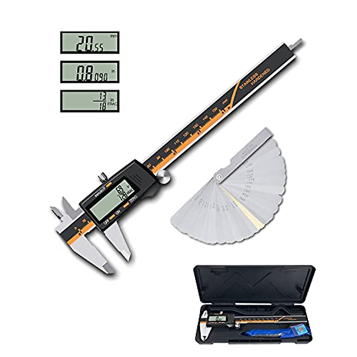 Digital Caliper, ROFMAPLE 6" Calipers Measuring Tool with 32 Blades Steel Feeler Gauge, Dual Marked Metric and Imperial, Inch Millimeter and Fraction Conversion, Large LCD Screen, Auto-Off Feature