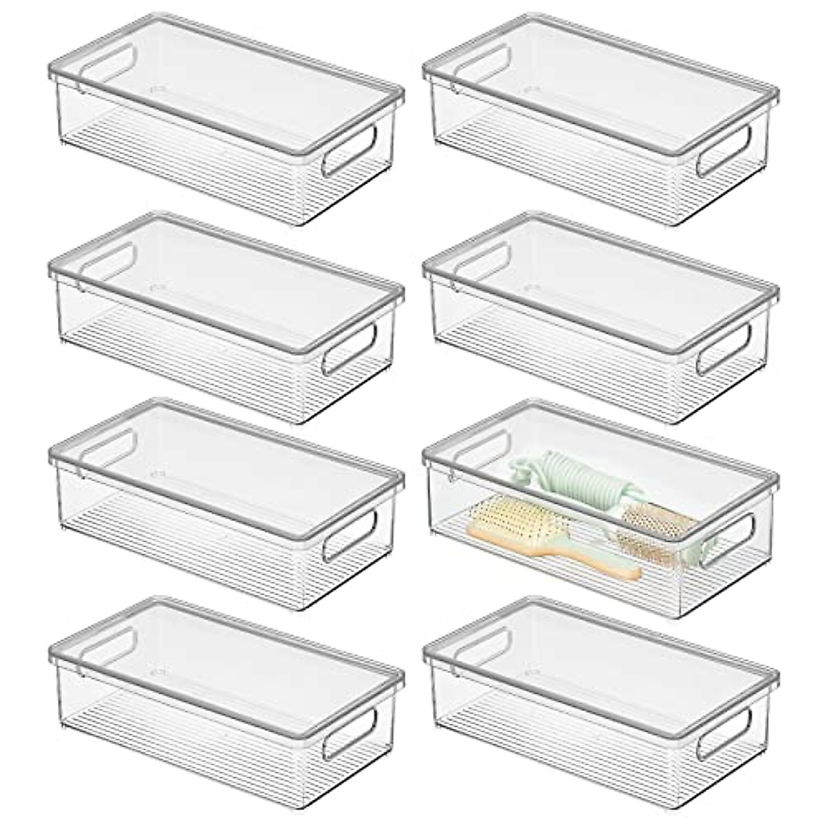 mDesign Plastic Stackable Bathroom Cabinet Storage Bin with Handles/Lid - Bin for Vanity, Countertop, Drawer Organization - Hold Soap, Towels, Accessories, Ligne Collection, 8 Pack, Clear