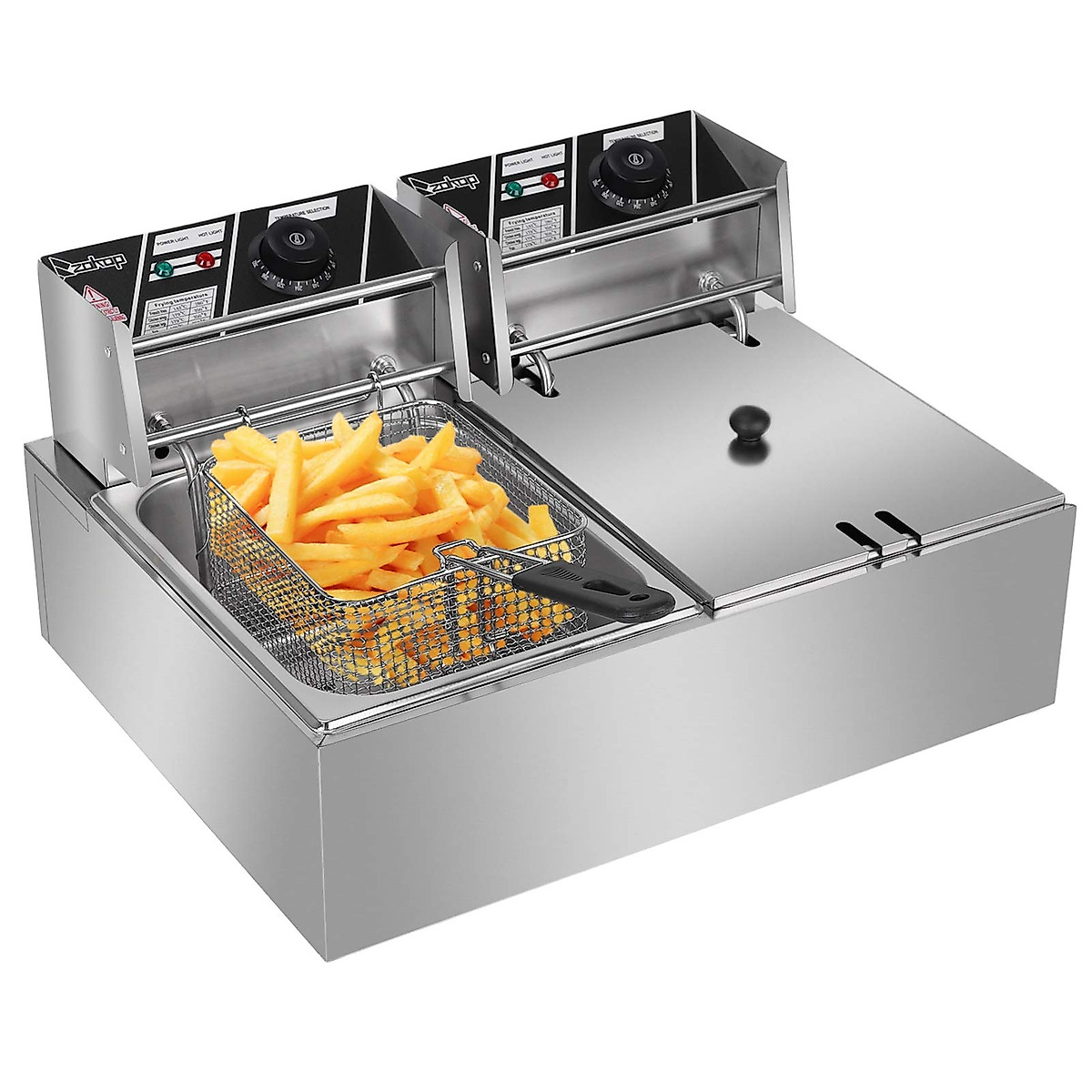 Commercial Electric Deep Fryer, Countertop Stainless Steel Deep Fryer French Fries for Restaurant Home Kitchen (Double Tank, 12.7QT/12L)