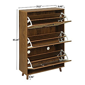 wirrytor 3 Flip Drawers Rattan Shoe Cabinets, 24 Pairs Freestanding Shoe Rack Storage Organizer, Modern Vintage 3 Tier Wood Shoe Storage Cabinet for Entryway Hallway Doorway (Walnut)