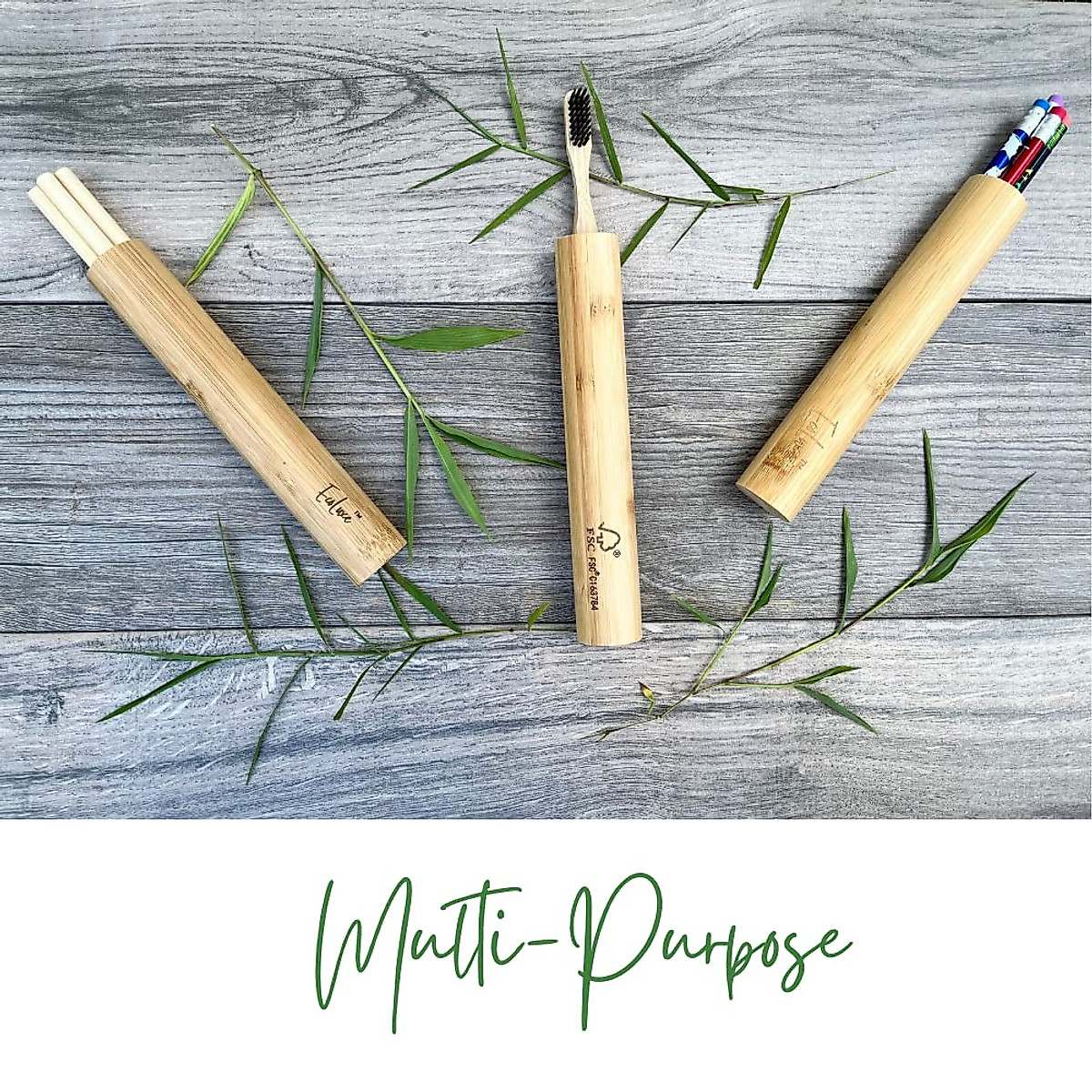 EcoLuxe Natural Sustainable Bamboo Travel Case Tubes for Toothbrush, Paintbrush, Pens, Tea Canister 2 Packs