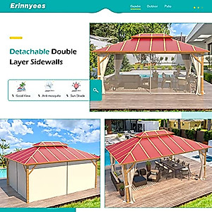 Erinnyees 12' x 16' Wood Grain Hardtop Gazebo, Outdoor Aluminum Composite Double Roof with Privacy Curtain and Mosquito Net for Patio, Lawn, Garden, Deck(Wood Looking, Wine Red)