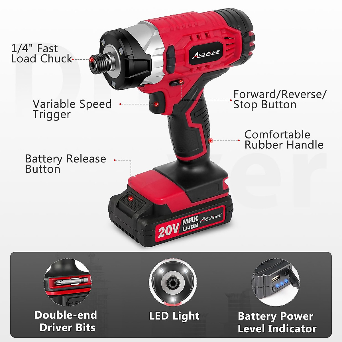AVID POWER Impact Driver Kit, 180N.m. 20V Cordless 1/4-Inch Hex Impact Drill/Driver Set, Variable Speed, with 14Pcs Sockets, 10Pcs Driver Bits and Tool Bag