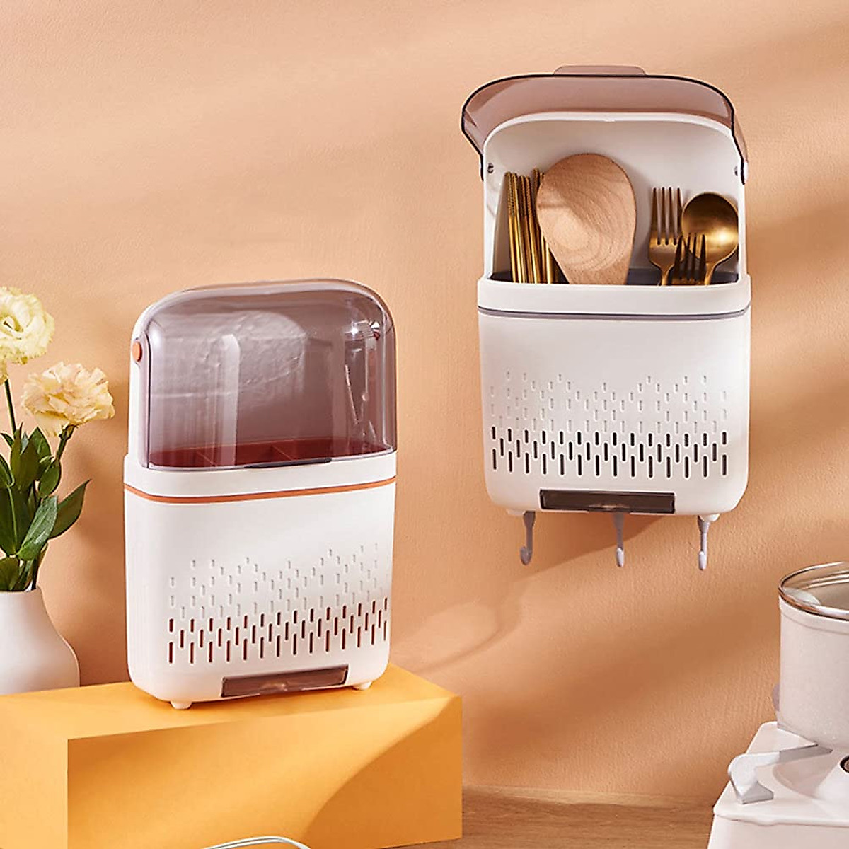 Kitchen Chopsticks Rack Wall Mounted Flatware Holder Basket with Drainer Lid Utensils Cutlery Holder