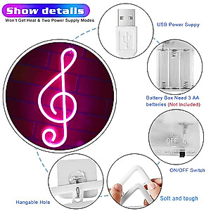 Music decor Neon Sign - LED Neon Lights Wall Decoration, USB or Battery Powered Creative Music Symbol Night Light Bedroom Living Room Girl Room Decor Bar Party Birthday Gift (Pink)