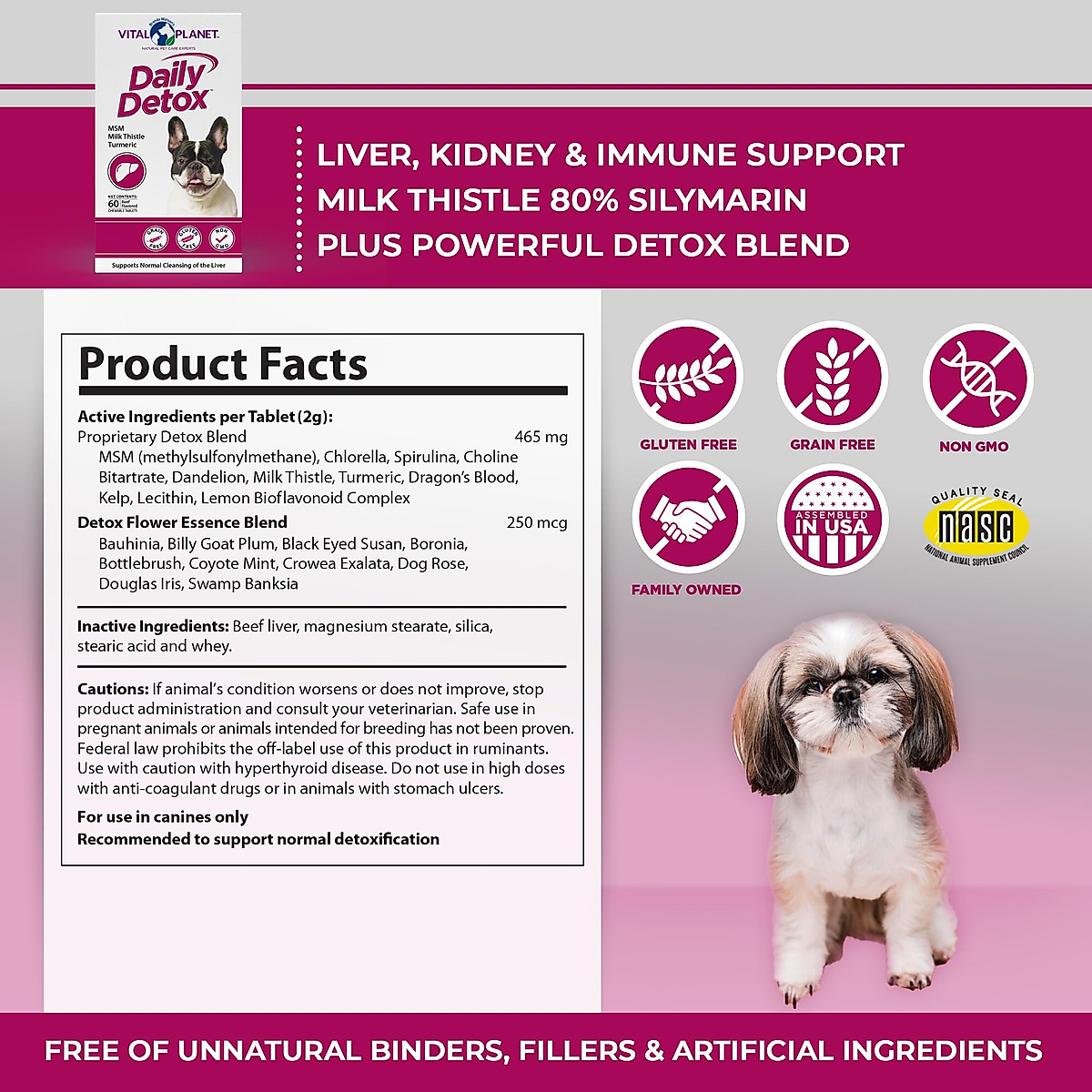 Vital Planet - Daily Detox for Dogs with MSM, Milk Thistle, Spirulina, and Turmeric, Supports The Immune System and Natural Cleansing of The Liver - 60 Beef Flavored Chewable Tablets