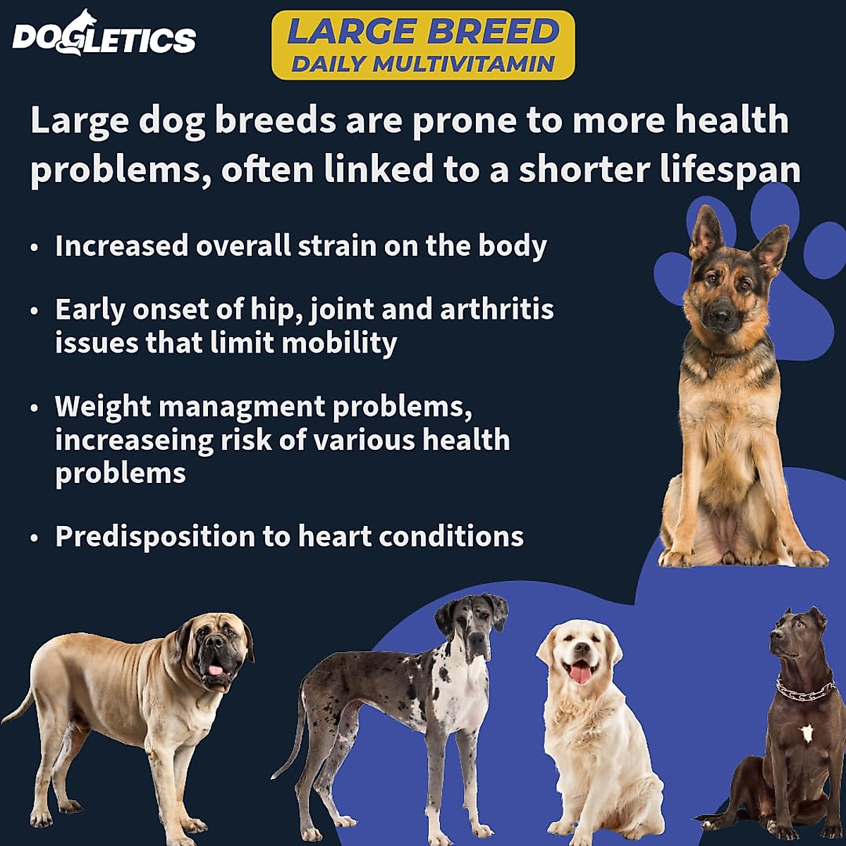 Dogletics Large Breed Daily Multivitamin - Formulated for Large Dogs & Their Unique Health Needs, 90ct Delicious Bacon Flavor