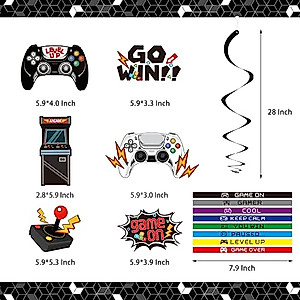 Gamer Birthday Party Decoration - 275Pcs Black White Video Game Gaming Party Supplies For Boys Birthday Party - Table Cover, Plates, Cups, Napkins, Utensils, Hanging Swirls, Birthday Banner, Cupcake Topper, Cake Topper, Stickers, Bracelets & Balloons Serv