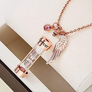 PREKIAR Cremation Urn Necklace for Ashes Timeless Hourglass Memorial Pendant Keepsake Jewelry for Human Pet Ashes with 12 Birthstone Angel Wing (Rose Gold Hourglass)