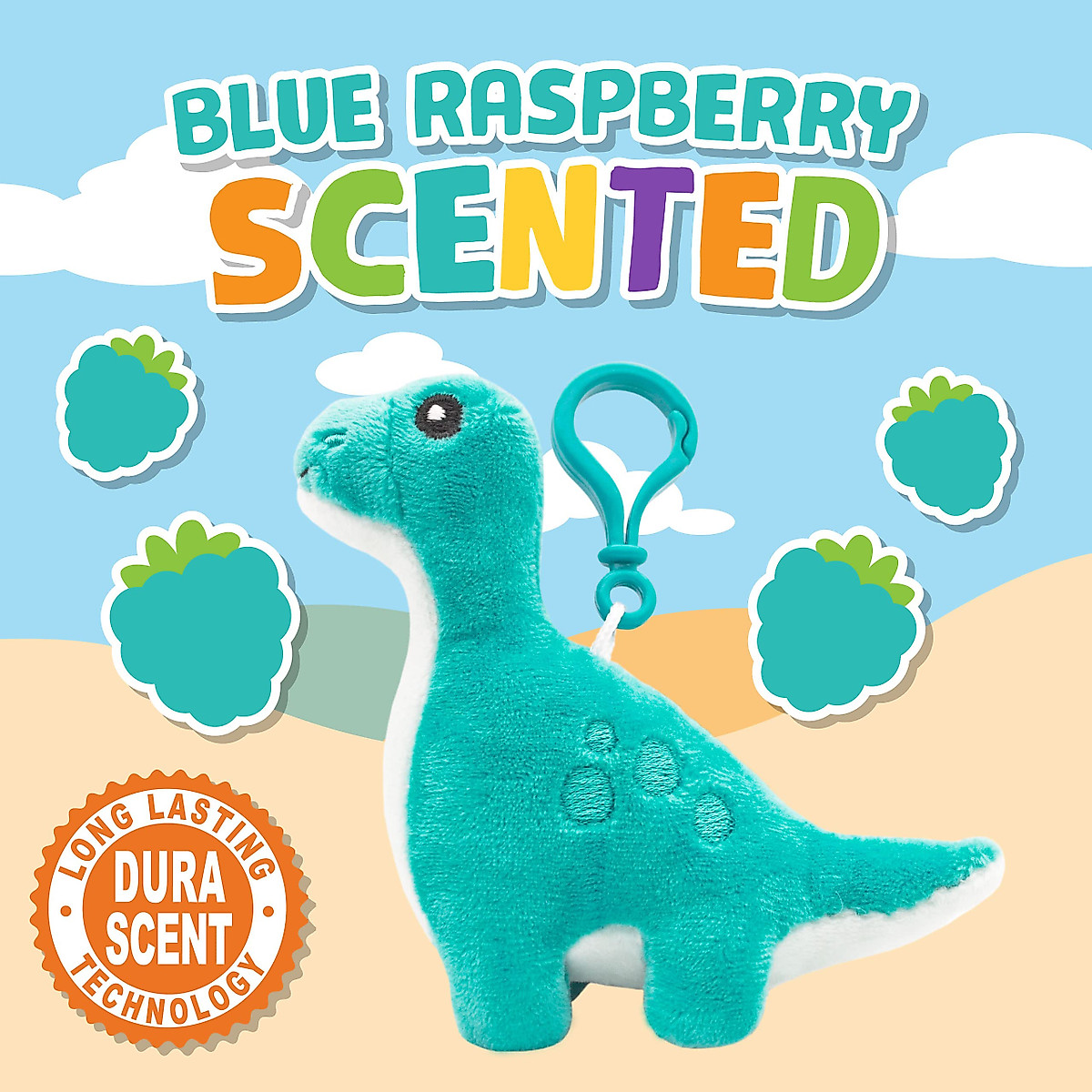 Scentco Dino Dudes Backpack Buddies - Patented Gourmet Scented Plush Toy Dinosaur Clips - Brontosaurus (Raspberry) - Stocking Stuffer