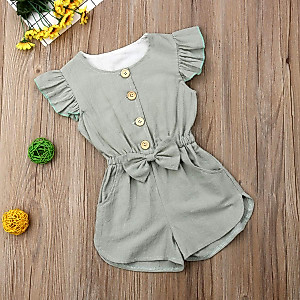 Toddler Kids Baby Girl Flutter Sleeve Short Romper Jumpsuit Botton Down Shirt Tops with Bowknot (Light Green, 4-5T)