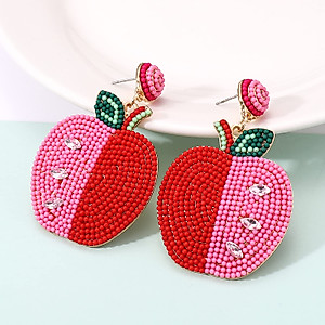 Teacher Earrings Apple Earrings for Women Back to School Earrings Cute Beaded Dangle Drop Earrings Colorful Teacher Appreciation Gift Back To School Jewelry (Hot pink)