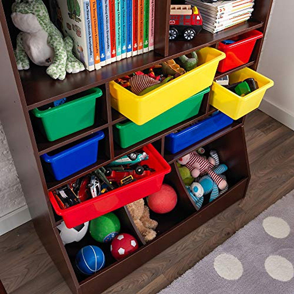 KidKraft Wooden Wall Storage Unit with 8 Plastic Bins and 13 Compartments, Espresso, Gift for Ages 3+