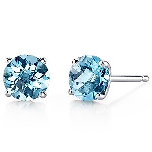 Peora Solid 14K White Gold Swiss Blue Topaz Stud Earrings for Women, Genuine Gemstone Birthstone Solitaire Round Shape, 6mm, 2 Carats total, Friction Back