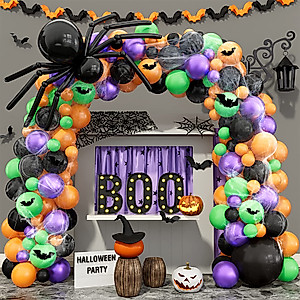 Halloween Balloon Garland Arch kit 165pcs with Halloween Spider Web and Bat,Black Orange Green Purple Balloons Spider Balloons for Halloween Day Party Decorations
