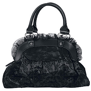 Lost Queen Reinvention Victorian Gothic Handbag Flocked Skulls with Bows and Lace Bag Women's 15" Purse