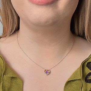 Boston Bay Diamonds 14K Rose Gold Plated .925 Sterling Silver & Amethyst Heart Swirl Brilliance in Motion Gemstone Pendant Necklace with Rope Chain - 18”