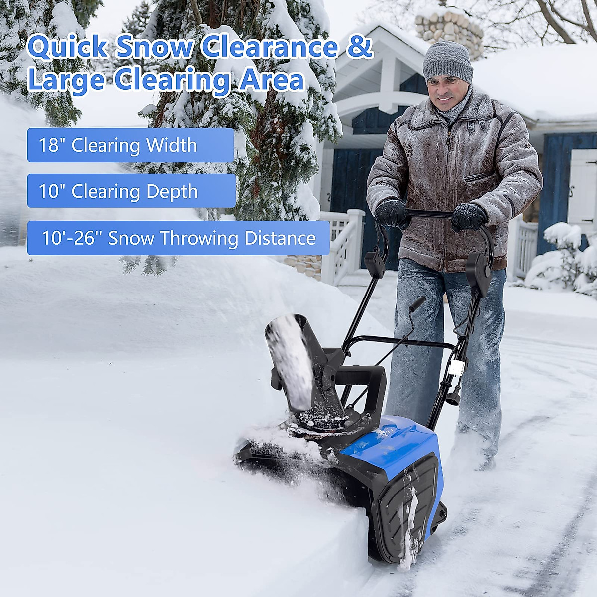 S AFSTAR Snow Blower, Electric Snow Thrower with 180° Chute Rotation & 2 Transport Wheels, 10” Clearing Depth & 18” Width, Power Snow Blower w/30 Feet Throwing Distance, 720Lbs /Minute (Blue)