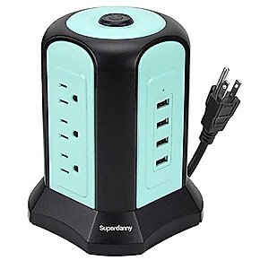 Power Strip Tower Surge Protector, SUPERDANNY Desktop Charging Station, 10 Ft Extension Cord, 9 Outlets, 4 USB Ports, 1080 Joules, 3-Prong, Grounded, Multiple Protections for Home, Office, Blue