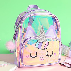 VALICLUD Clear Unicorn Backpack for Girl Holographic Backpack Clear Backpack Unicorn Transparent Backpack Clear Mini Backpack Casual Daypacks (Purple)