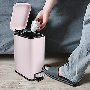 M-Aimee 1.3 Gallon Slim Small Trash Can with Lid Soft Close, Stainless Steel Garbage Can for Bathroom Bedroom Office, Rectangular Step Trash Bin with Removable Inner Waste Basket (Pink)