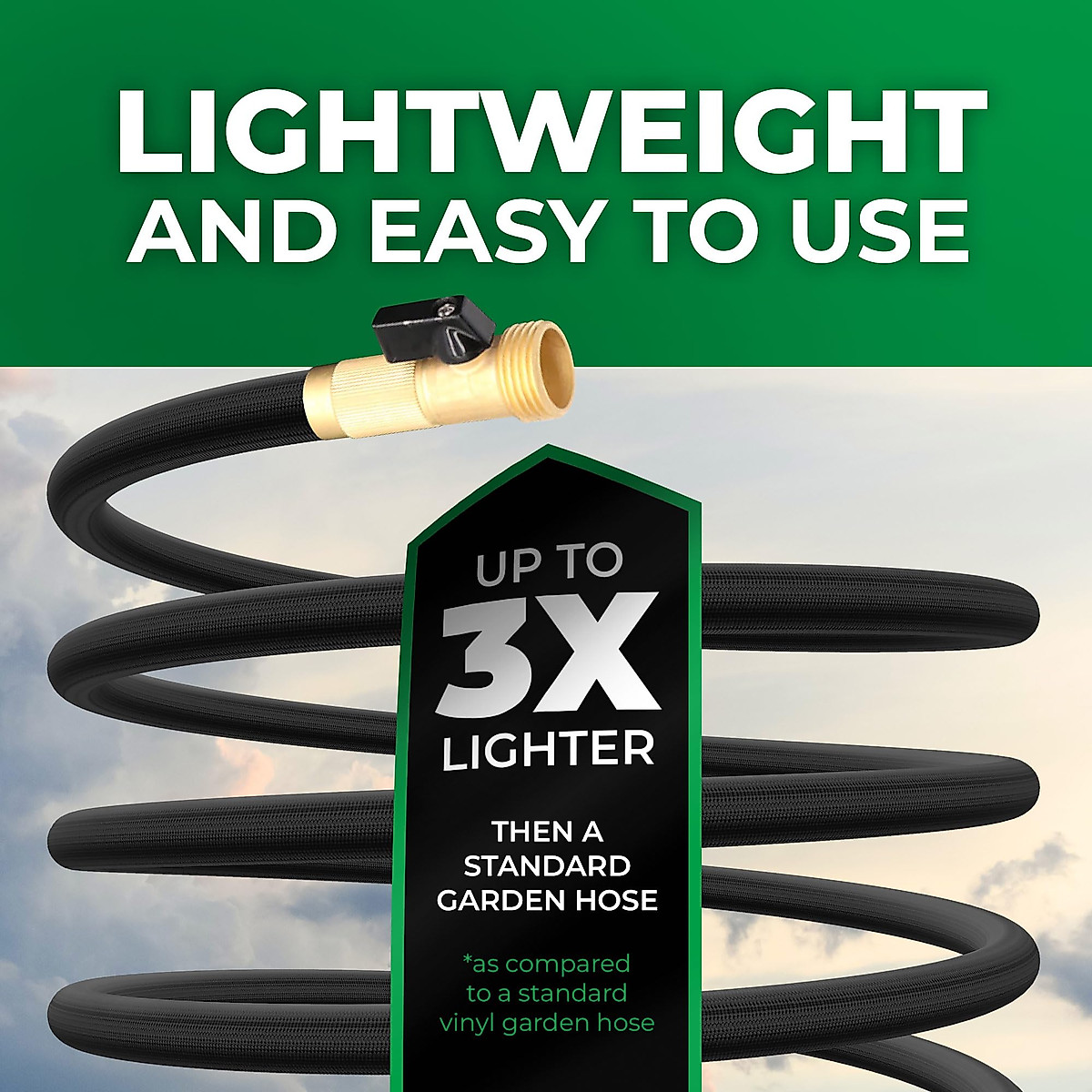 LightHose Garden Hose, NON-EXPANDABLE Garden Hose, Super Light Weight Hose, No Burst, 3/4 inch Solid Brass Connectors, 25 Ft, Black