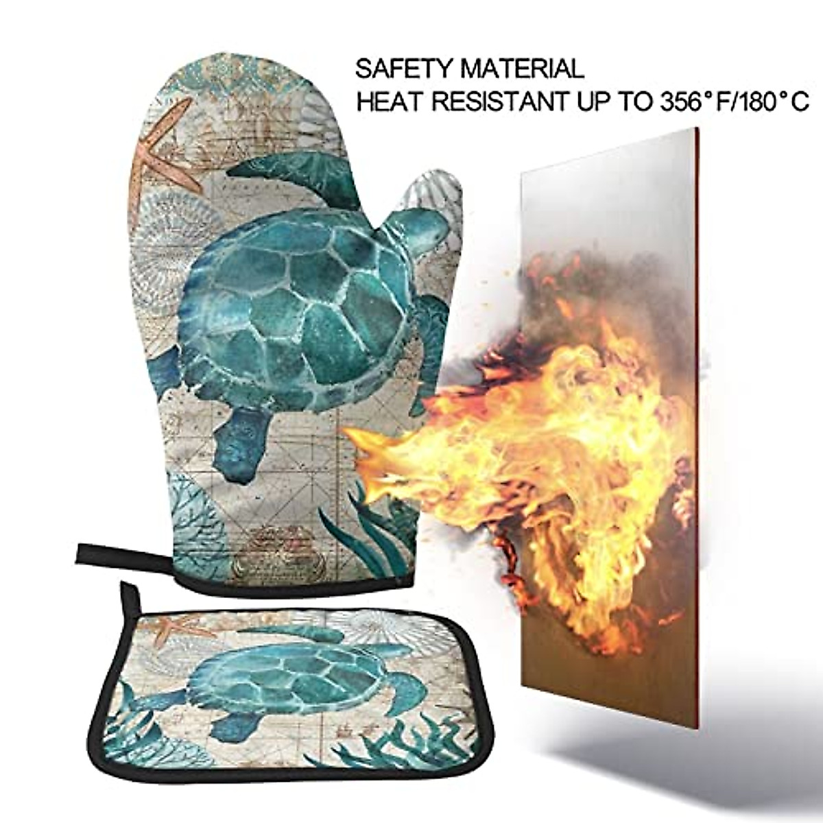 Blue Sea Turtle Nautical Map Area Oven Mitts Pot Holders Sets Heat Resistant Insulated 356°F/180℃ Non-Slip Waterproof Gloves Hot Pads Potholders for Kitchen Decorative Cooking Baking Grilling BBQ