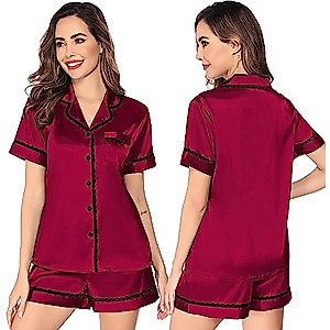 SWOMOG Summer Silk Pajamas for Women Satin Pjs Two Piece Soft Lace Lounge Shorts Button Down Pj Short Sleepwear Loungewear Wine Red