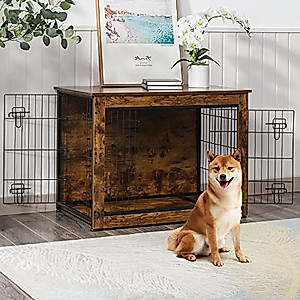 TABU Dog Crate Furniture, Wooden Dog Furniture End Table, Indoor Dog Kennel with Multi-Purpose Removable Tray, Double Door Dog Cage for Small/Medium Dogs,Rustic Brown,38" L