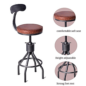 BOKKOLIK Set of 2 Bar Stools Industrial Style Kitchen Counter Island Stool Dining Chiar with Backrest Rustic Guest Chair Swivel PU Seat 23-33inch Height Adjustable