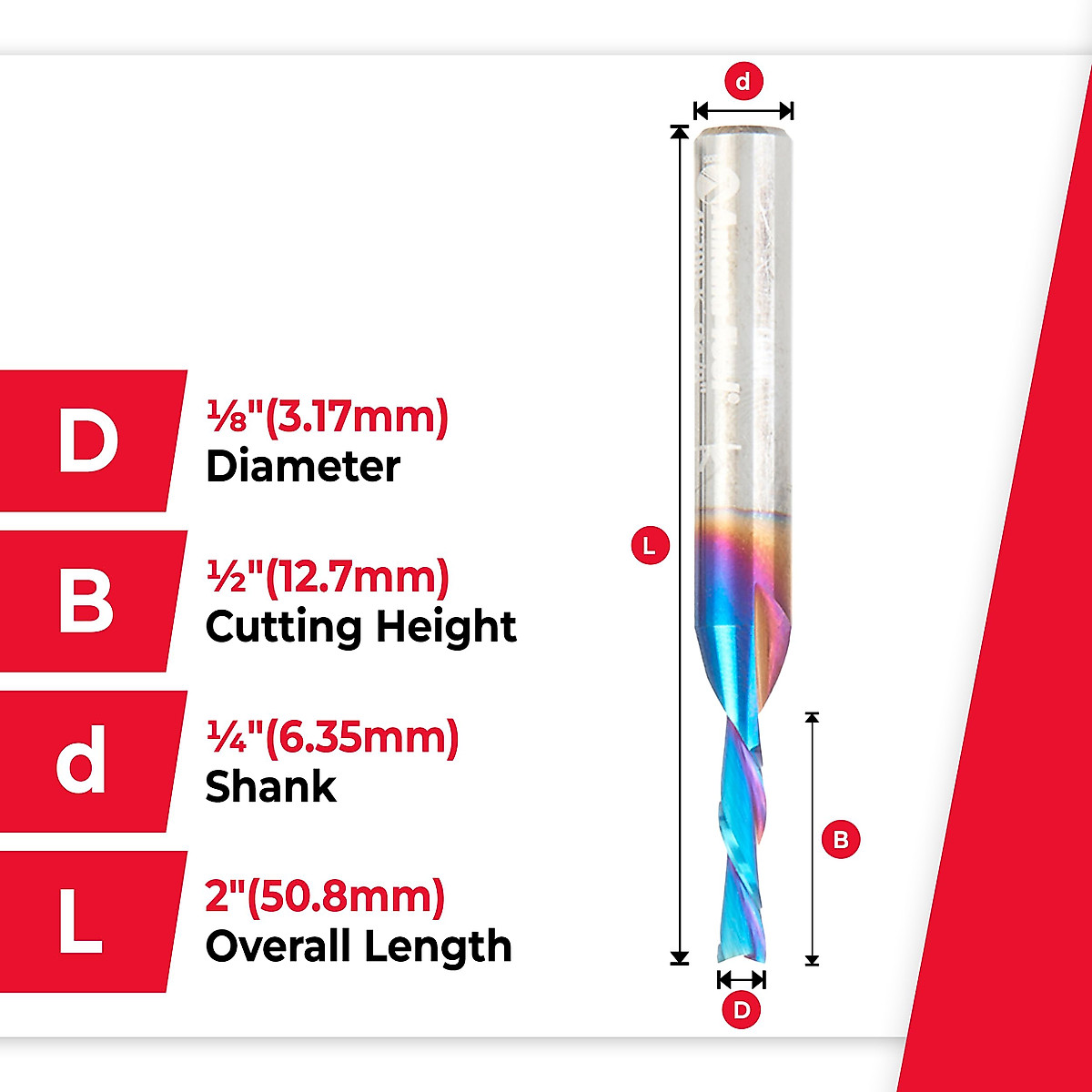 Amana Tool Solid Carbide Spektra Extreme Tool Life Spiral Plunge Router Bit Down-Cut, 46200-K-2, 1/8 Dia x 1/2 CH x 1/4 SHK 2 Inch L 2 Pack
