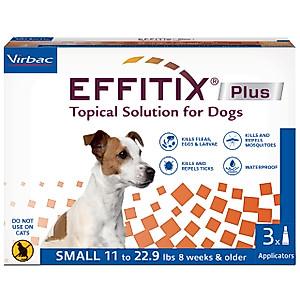 Effitix Plus Topical Solution for Dogs - Flea and Tick for Small Dogs (11-22.9lbs), 3 Doses, Waterproof Topical Prevention (by Virbac)