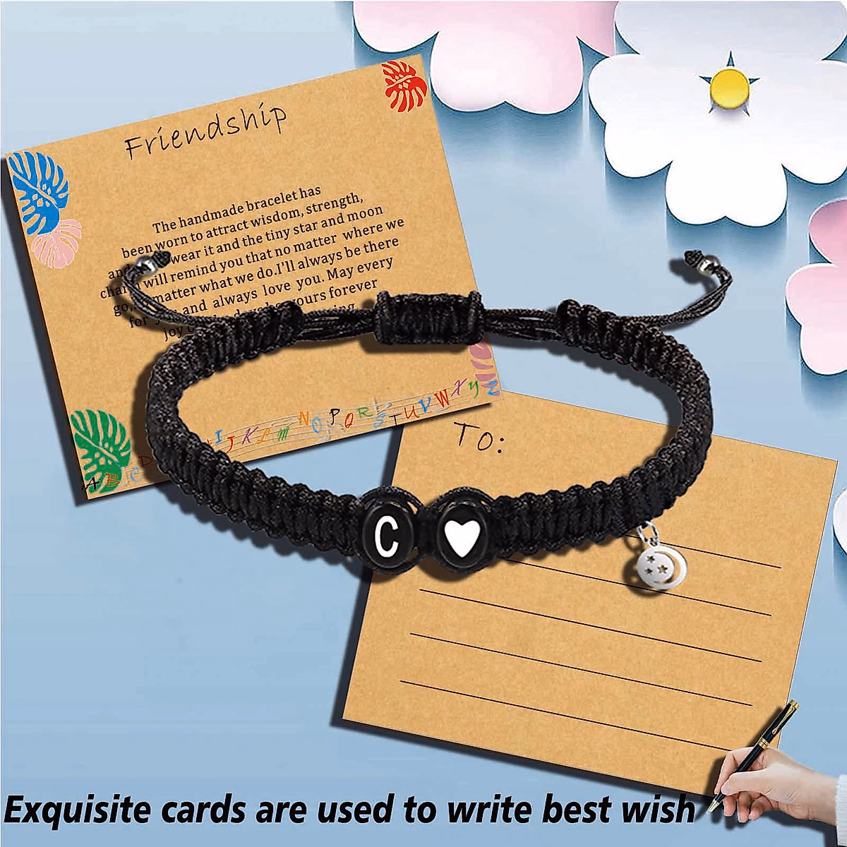 Pholidof Heart Adjustable Initial Bracelets uesd for Her or Hers Women Men Daughter Son Friend Birthday Graduation Gifts Letter A-Z Braided Bracelets Moon Star Pendant Friendship Gifts (C)