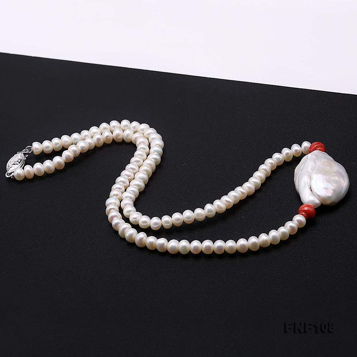 JYX Pearl Necklace Single Strand Handmade 5.5mm Flatly Round White Cultured Freshwater Pearl Necklace with Red Coral and Huge Baroque Pearl for Women 17"