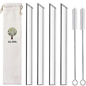 ALINK Reusable Glass Boba Straws, 14mm Extra Wide Clear Smoothie Straws for Bubble Tea, Pack of 4 with 1 Case and 2 Brush