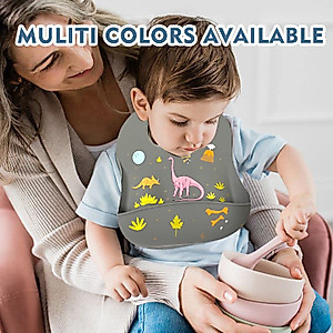 Soft Silicone Baby Feeding Set With Pattern, Baby Led Weaning Supplies with Adjustable Bib, Suction Bowl, Suction Divided Plate, Straw Cup, First Stage Spoon & Fork