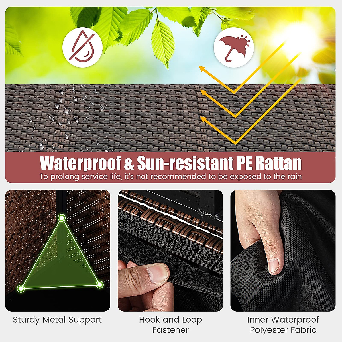 Tangkula 96 Gallon Deck Box, PE Wicker Outdoor Storage Box with 4 Wheels and Waterproof Liner, Outdoor Rectangular Storage Container for Cushions, Garden Tools, Pool Accessories (Mix Brown)