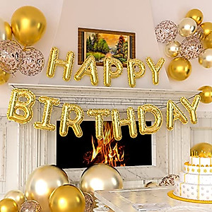 PartyWoo Happy Birthday Balloon Banner, 16 inch Gold Happy Birthday Sign, Mylar Foil Birthday Balloon, Inflatable Hanging Letter Kit for Gold Birthday Decorations