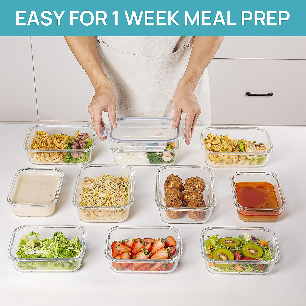 Vtopmart 10Pack (35oz+22oz) Glass Food Storage Containers with Lids, Meal Prep Containers, Airtight Lunch Bento Boxes with Snap Locking Lids, for Microwave, Oven, Freezer and Dishwasher