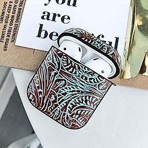 Case Cover for AirPods 1 & 2 Country Teal Brown Western Rustic Tooled Cowboy Full Body Protection Case Earphone Earset Case Hard PC Cover